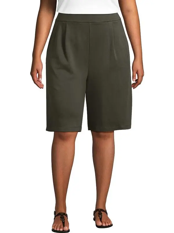 LANDS' END Knit High-rise Pleated Bermuda Shorts - Forest Moss