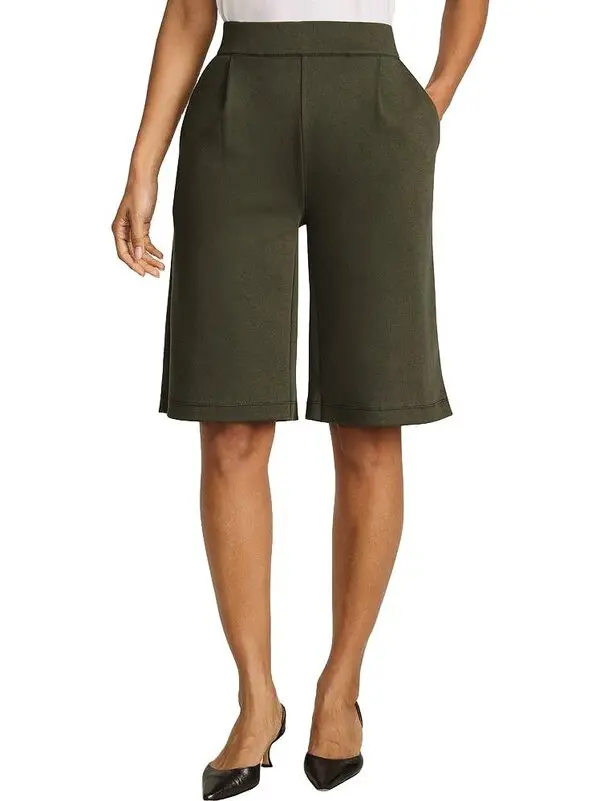 LANDS' END Knit High-rise Pleated Bermuda Shorts - Forest Moss