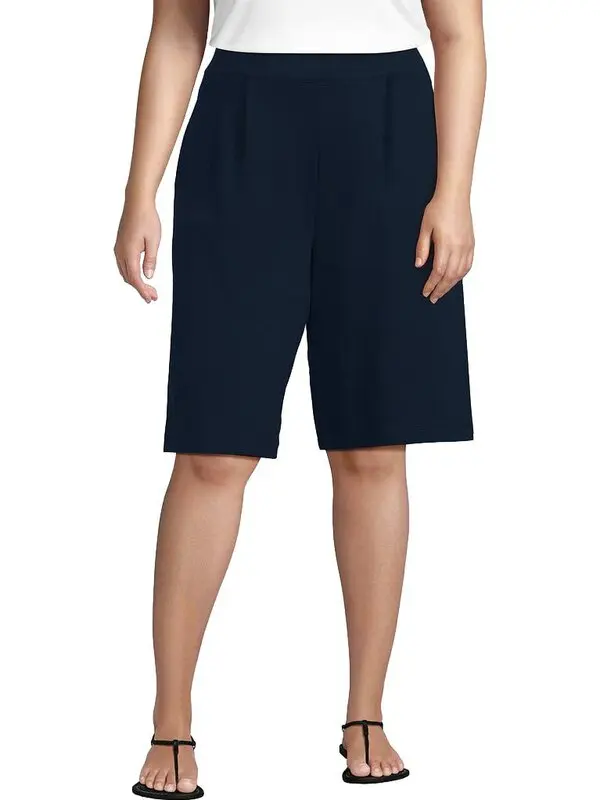 LANDS' END Sport Knit High Rise Pleated 12" Bermuda Shorts - Radiant Navy