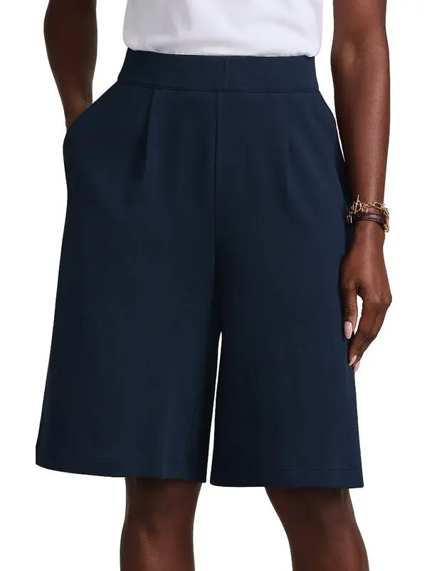 LANDS' END Sport Knit High Rise Pleated 12" Bermuda Shorts - Radiant Navy