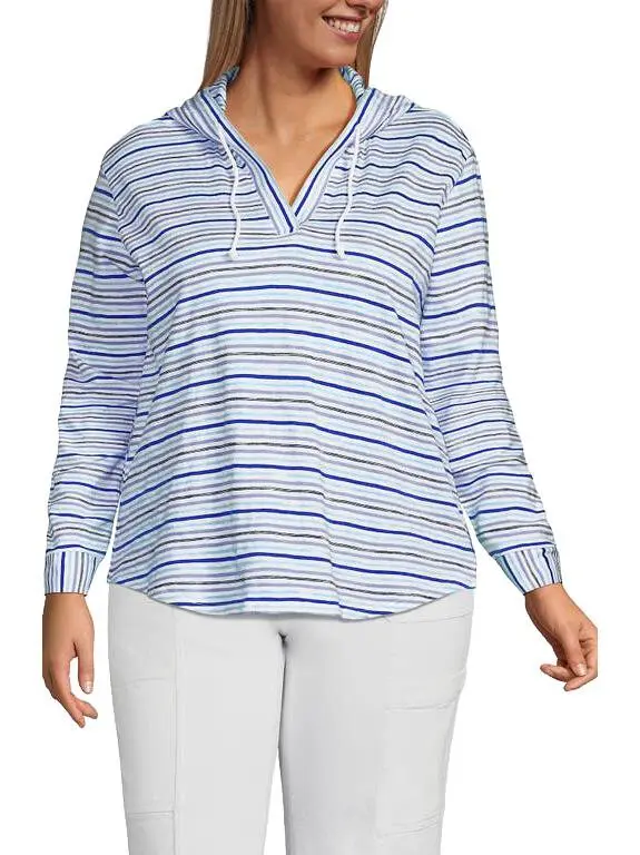 LANDS' END Long Sleeve Slub Hooded Popover - Light Periwinkle Multi Stripe