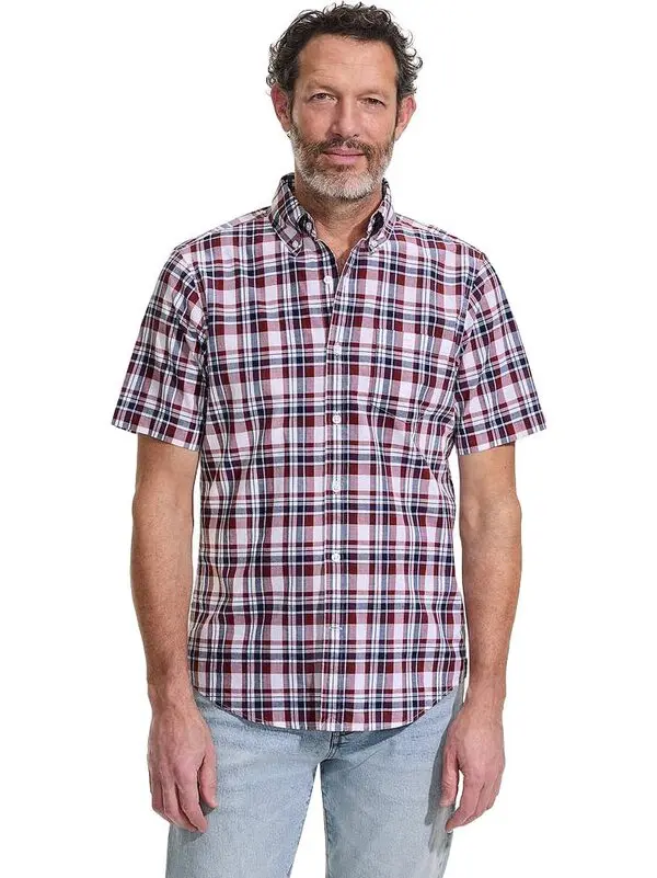 LANDS' END Traditional Fit Short Sleeve Madras Shirt - Burgundy Spritz Madras