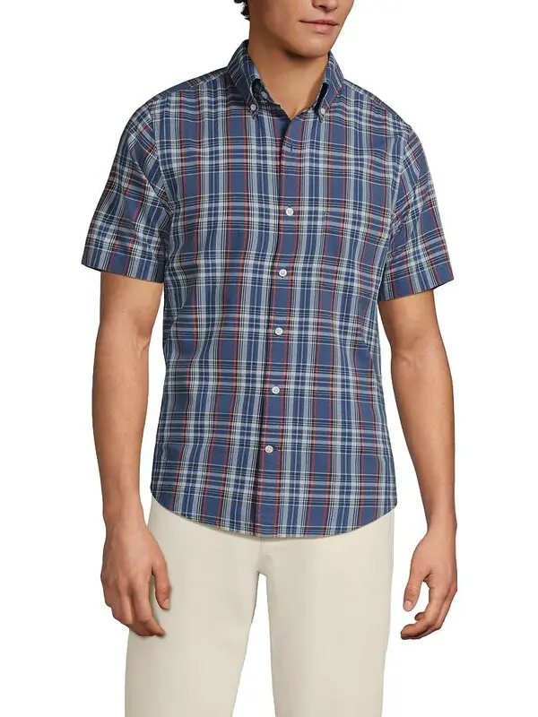 LANDS' END Traditional Fit Short Sleeve Madras Shirt - Light Indigo Blue Madras