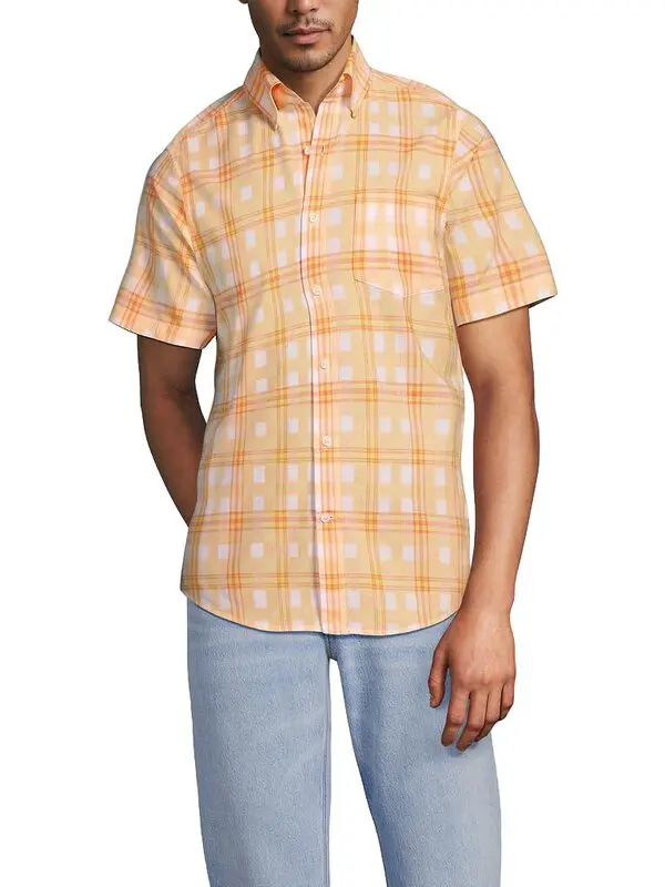 LANDS' END Traditional Fit Short Sleeve Madras Shirt - Subtle Apricot/yellow Plaid