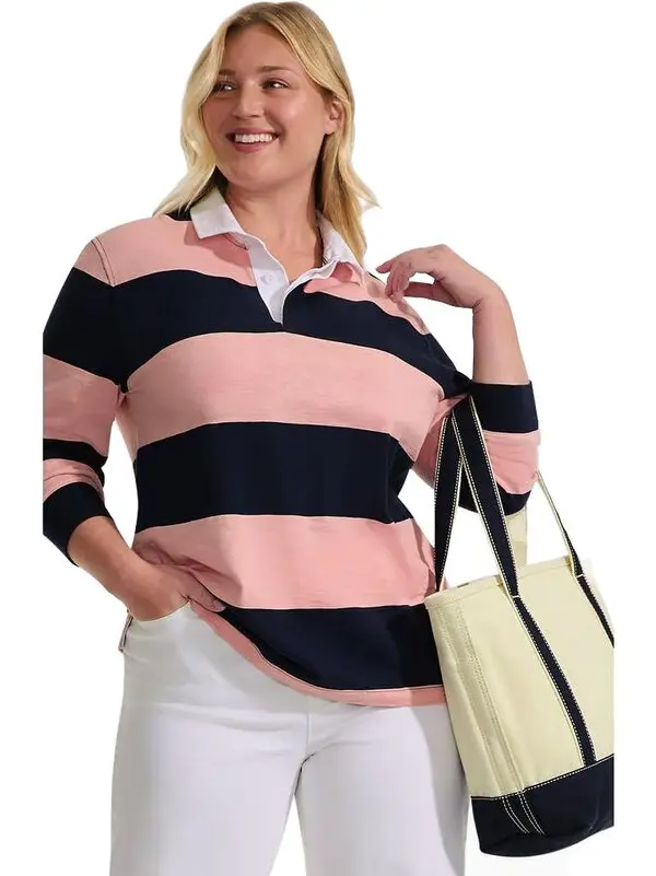 LANDS' END Long Sleeve Textured Rugby Polo - Navy/sunset Coral Pink Stripe