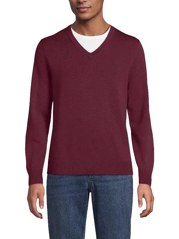 LANDS' END Fine Gauge Cotton V-neck Sweater - Burgundy Spritz