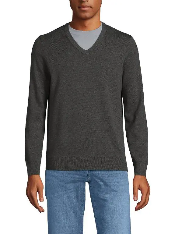 LANDS' END Fine Gauge Cotton V-neck Sweater - Charcoal Heather