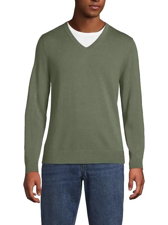LANDS' END Fine Gauge Cotton V-neck Sweater - Sage
