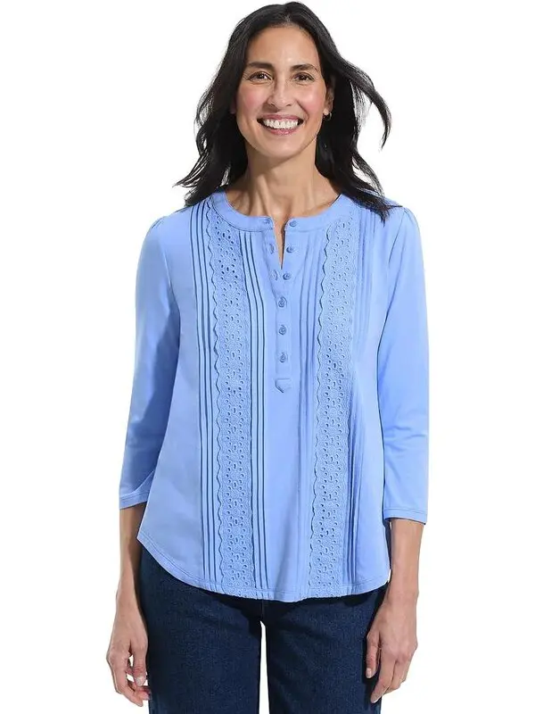 LANDS' END 3/4 Sleeve Jersey Embellished Top - Clear Blue Sky