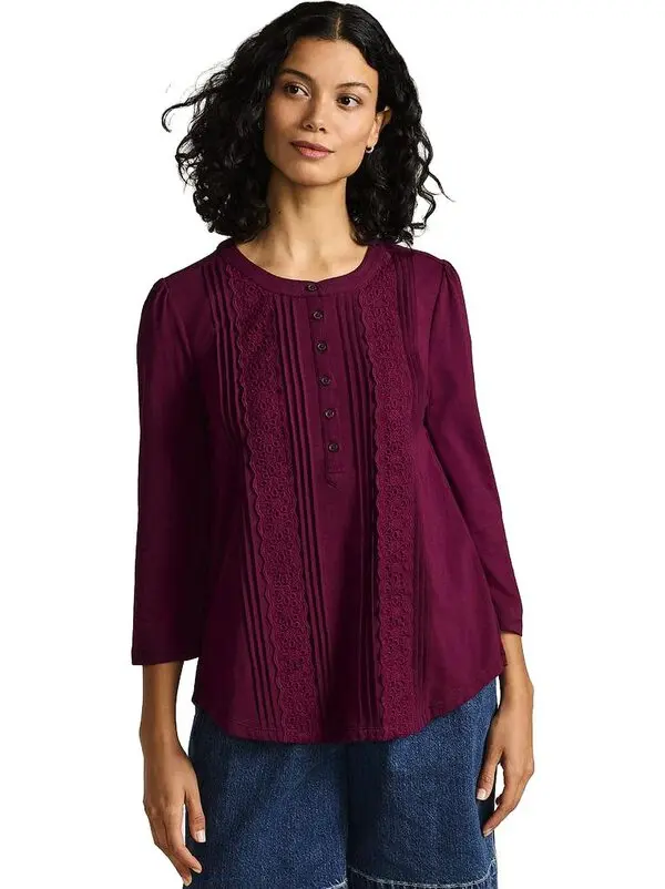 LANDS' END 3/4 Sleeve Jersey Embellished Top - Vivid Plum