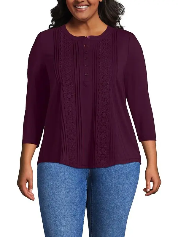 LANDS' END 3/4 Sleeve Jersey Embellished Top - Vivid Plum