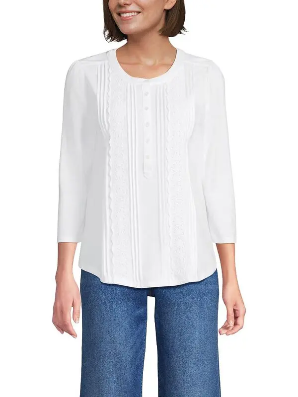 LANDS' END 3/4 Sleeve Jersey Embellished Top - White