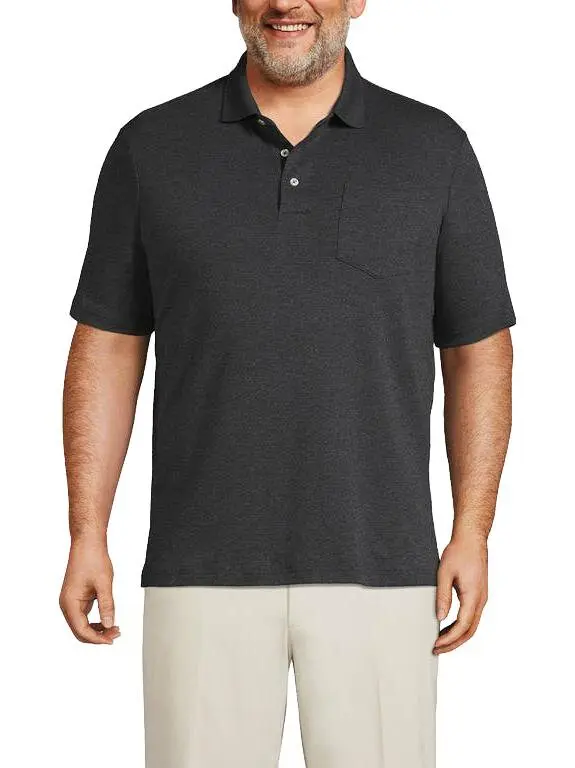 LANDS' END Short Sleeve Cotton Supima Polo Shirt With Pocket - Dark Charcoal Heather