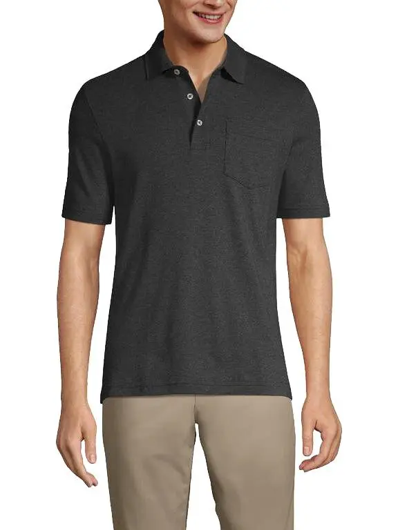 LANDS' END Short Sleeve Cotton Supima Polo Shirt With Pocket - Dark Charcoal Heather