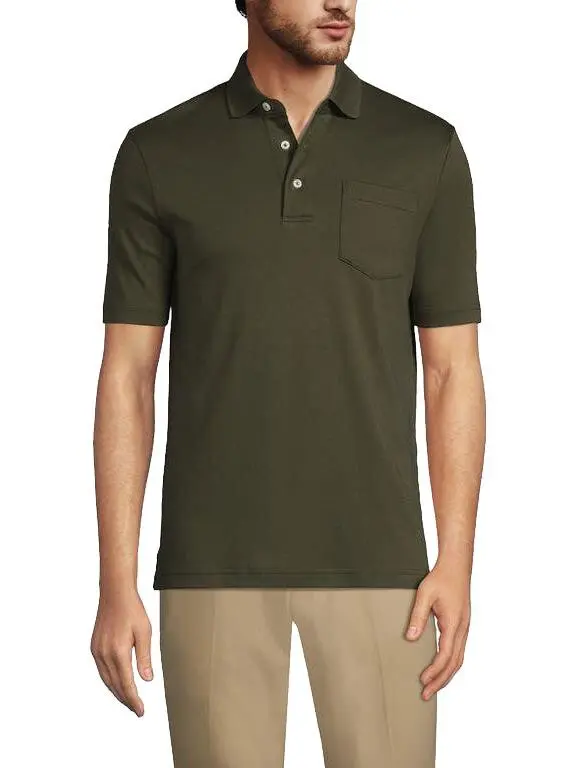 LANDS' END Short Sleeve Cotton Supima Polo Shirt With Pocket - Forest Moss