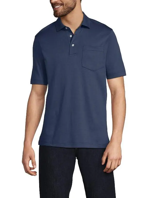LANDS' END Short Sleeve Cotton Supima Polo Shirt With Pocket - Nightfall Blue