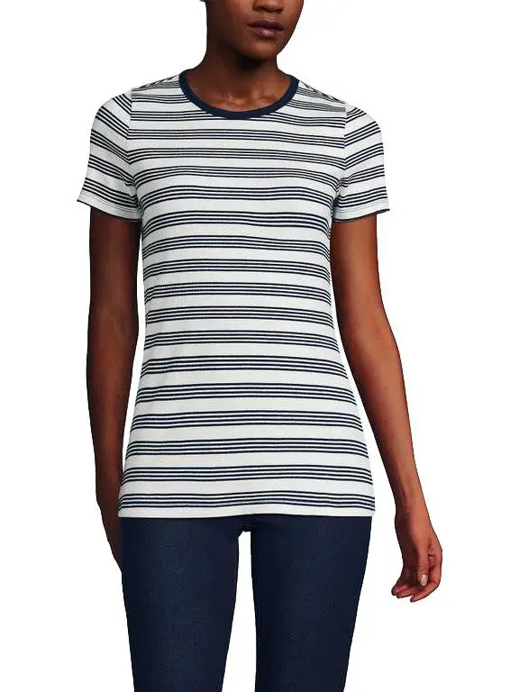 LANDS' END Cotton Rib T-shirt - Ivory/deep Sea Quad Stripe