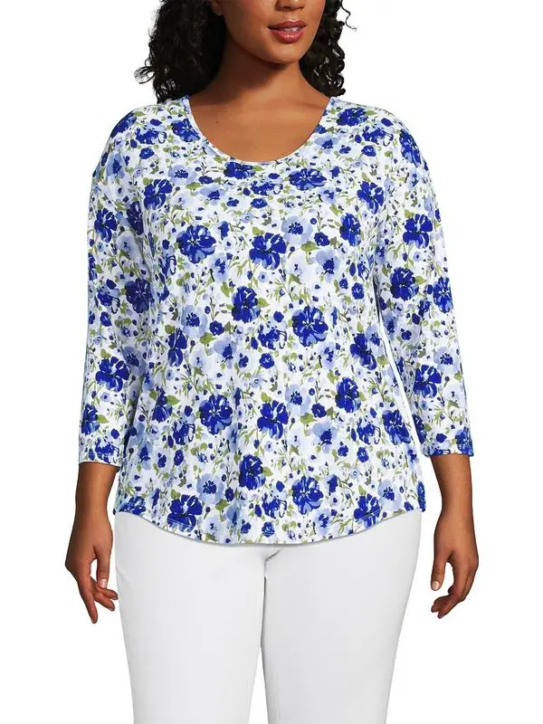 LANDS' END 3/4 Sleeve Lightweight Jersey U-neck Tunic - Clear Blue Painted Blooms