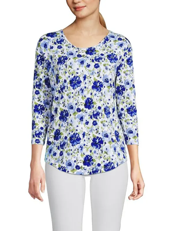 LANDS' END 3/4 Sleeve Lightweight Jersey U-neck Tunic - Clear Blue Painted Blooms