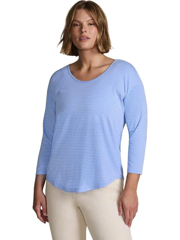 LANDS' END 3/4 Sleeve Lightweight Jersey U-neck Tunic - Clear Blue Sky Thin Stripe