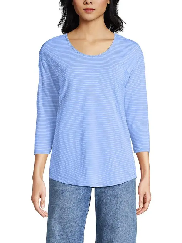 LANDS' END 3/4 Sleeve Lightweight Jersey U-neck Tunic - Clear Blue Sky Thin Stripe