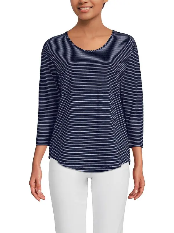 LANDS' END 3/4 Sleeve Lightweight Jersey U-neck Tunic - Deep Sea Navy Thin Stripe