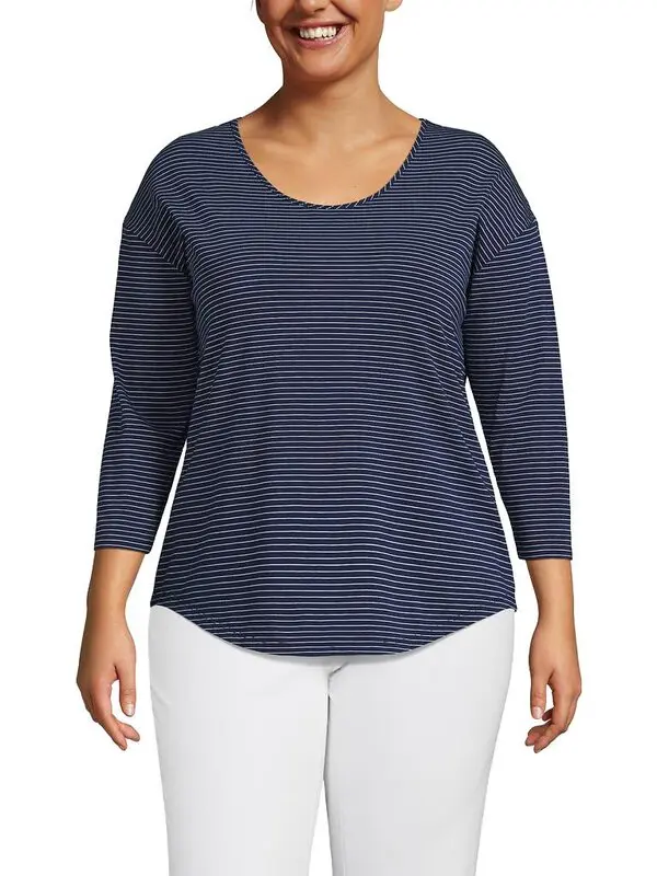 LANDS' END 3/4 Sleeve Lightweight Jersey U-neck Tunic - Deep Sea Navy Thin Stripe