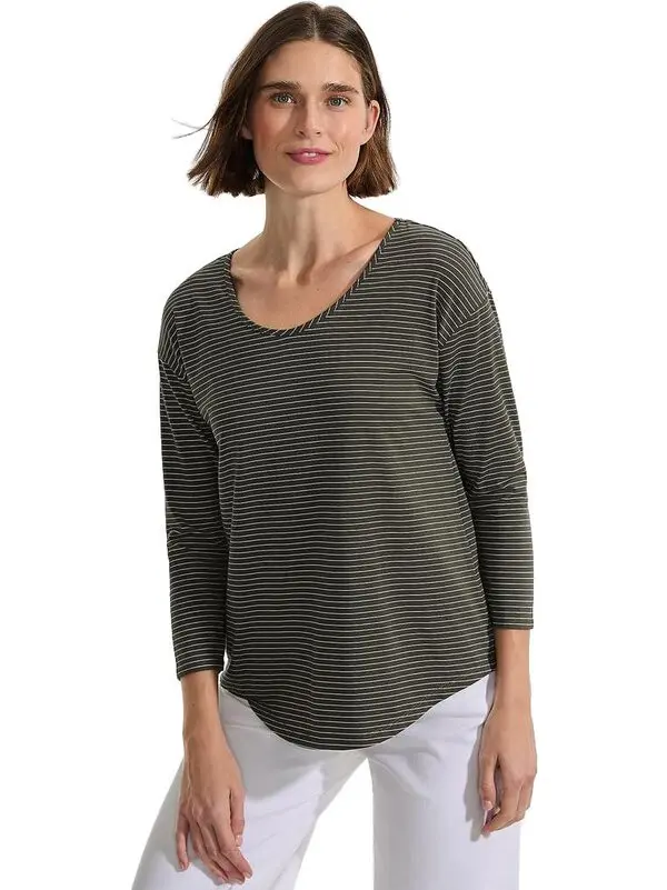 LANDS' END 3/4 Sleeve Lightweight Jersey U-neck Tunic - Forest Moss Thin Stripe