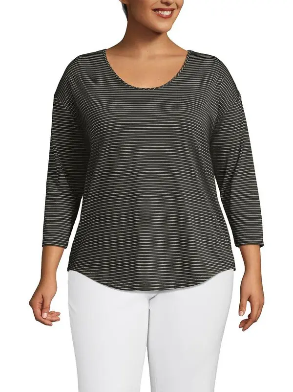 LANDS' END 3/4 Sleeve Lightweight Jersey U-neck Tunic - Forest Moss Thin Stripe