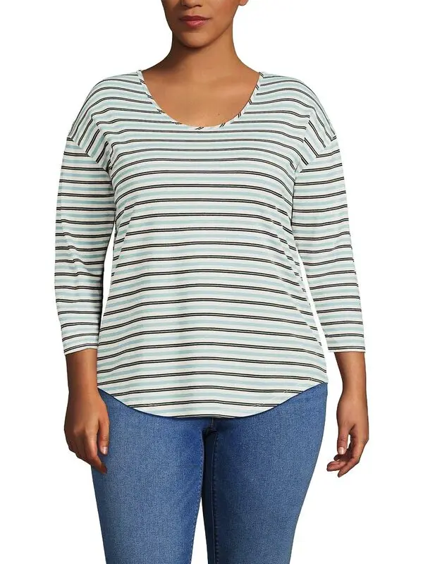 LANDS' END 3/4 Sleeve Lightweight Jersey Tee - Pale Sky/estate Green Stripe