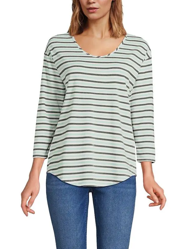 LANDS' END 3/4 Sleeve Lightweight Jersey U-neck Tunic - Pale Sky/estate Green Stripe