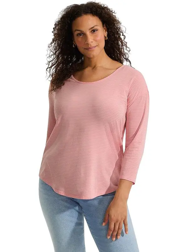 LANDS' END 3/4 Sleeve Lightweight Jersey U-neck Tunic - Sunset Coral Pink Thin Stripe