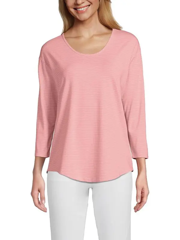 LANDS' END 3/4 Sleeve Lightweight Jersey U-neck Tunic - Sunset Coral Pink Thin Stripe