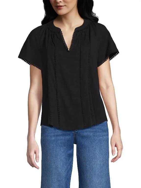 LANDS' END Slub Short Sleeve Notch Neck Top - Black