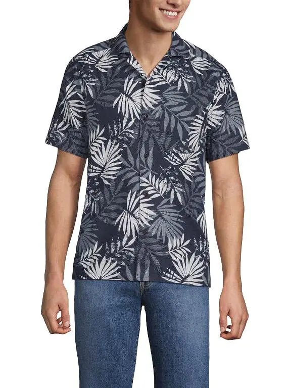 LANDS' END Short Sleeve Camp Collar Hawaiian Shirt - Slate Blue Stipple Palm