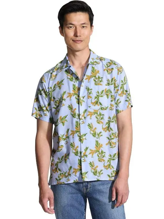 LANDS' END Short Sleeve Camp Collar Hawaiian Shirt - Slate Blue Stipple Palm