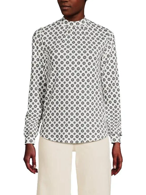 LANDS' END Jersey Long Sleeve Gathered Mock Top - Ivory Encircle Geo