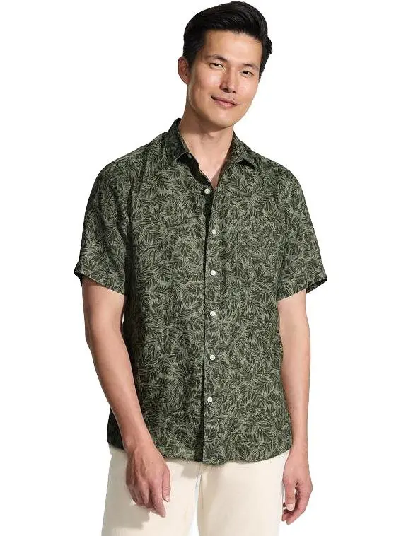 LANDS' END Traditional Fit Short Sleeve Linen Shirt - Forest Moss Palms