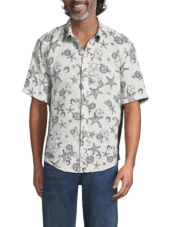 LANDS' END Traditional Fit Short Sleeve Linen Shirt - Ivory Latte/navy Shells