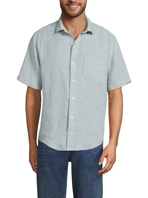 LANDS' END Traditional Fit Short Sleeve Linen Shirt - Pale Eucalyptus