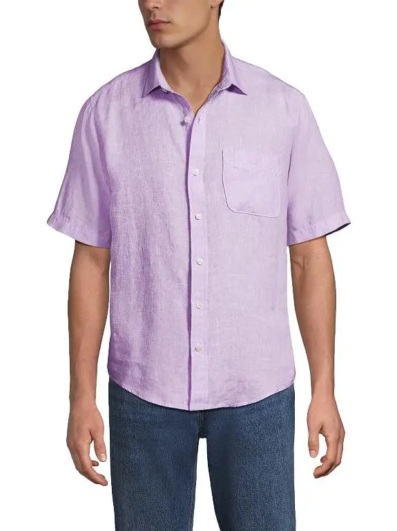 LANDS' END Traditional Fit Short Sleeve Linen Shirt - Pale Whisper Lilacs