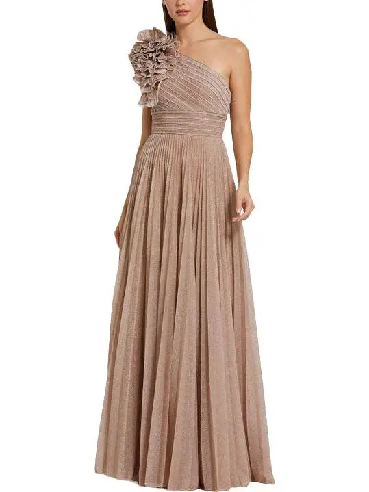 Mac Duggal Metallic Pleated One-shoulder Gown - Champagne