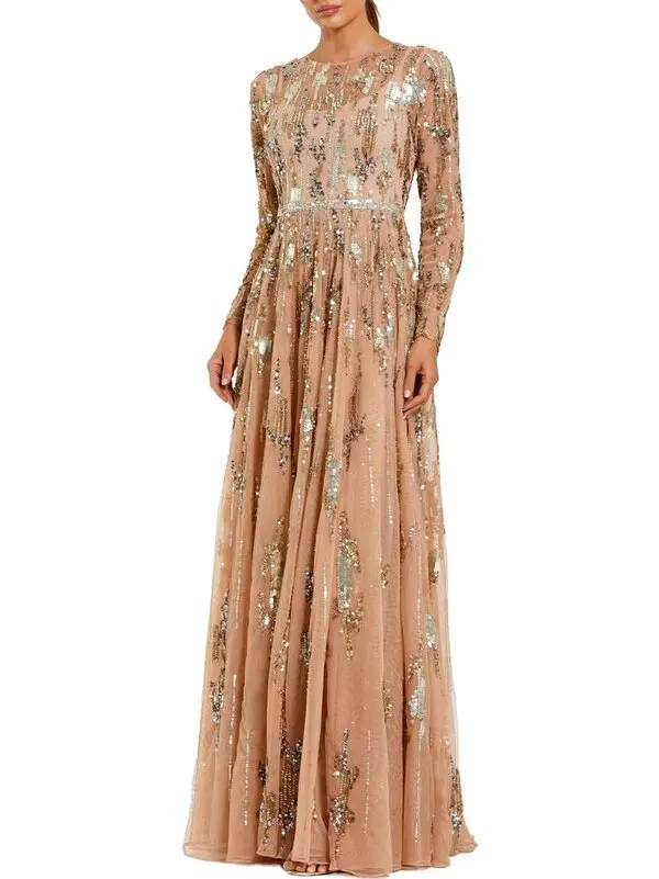Mac Duggal Long Sleeve Embellished Evening Gown - Taupe