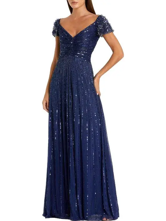 Mac Duggal Striped Sequin Mesh Gown With Beaded Shoulders - Sapphire