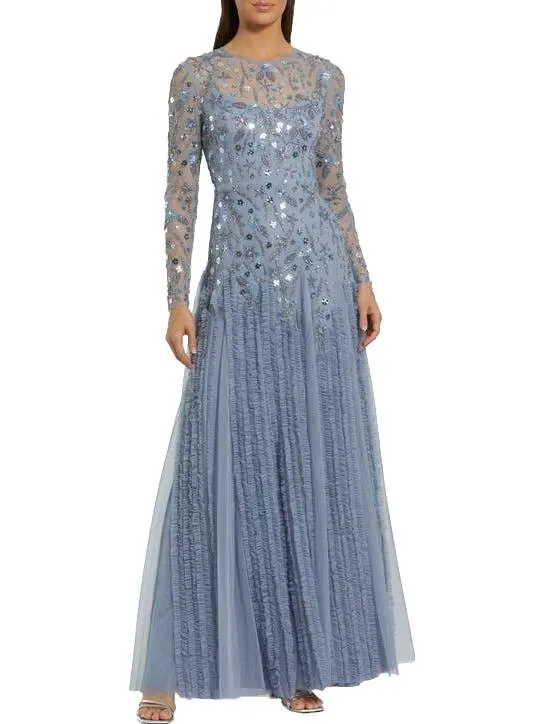 Mac Duggal Embellished Mesh Ruffle Hem Gown - Slate Blue