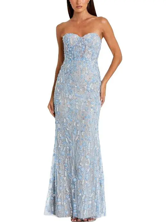 Mac Duggal Embellished Applique Strapless Bustier Gown - Blue