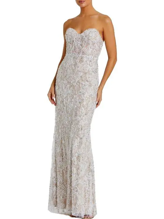 Mac Duggal Embellished Applique Strapless Bustier Gown - Ivory Nude