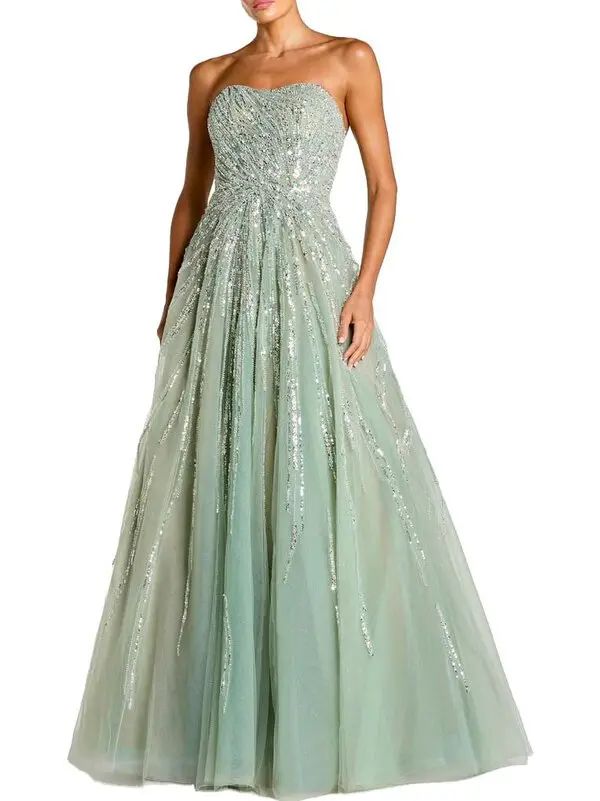 Mac Duggal Mesh Sequin Strapless Sweetheart Neck Ballgown - Seafoam