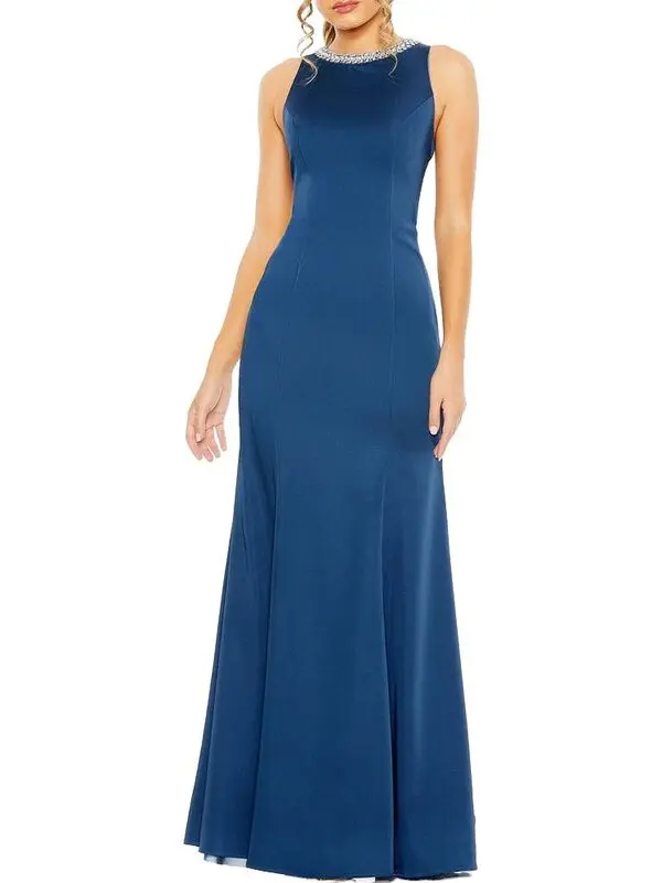 Mac Duggal Sleeveless Trumpet Gown With Embellished Neck - Ocean Blue