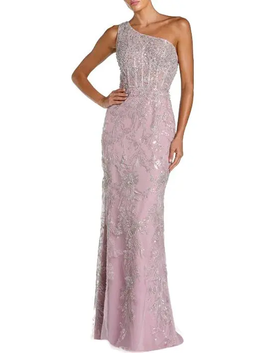 Mac Duggal Embellished One-shoulder Corset Bodice Column Gown - Lilac